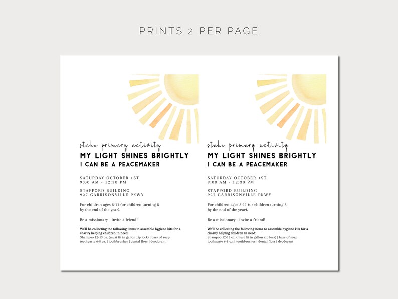 LDS Primary Activity Invitation | Sunshine Invite | Let Your Light ...