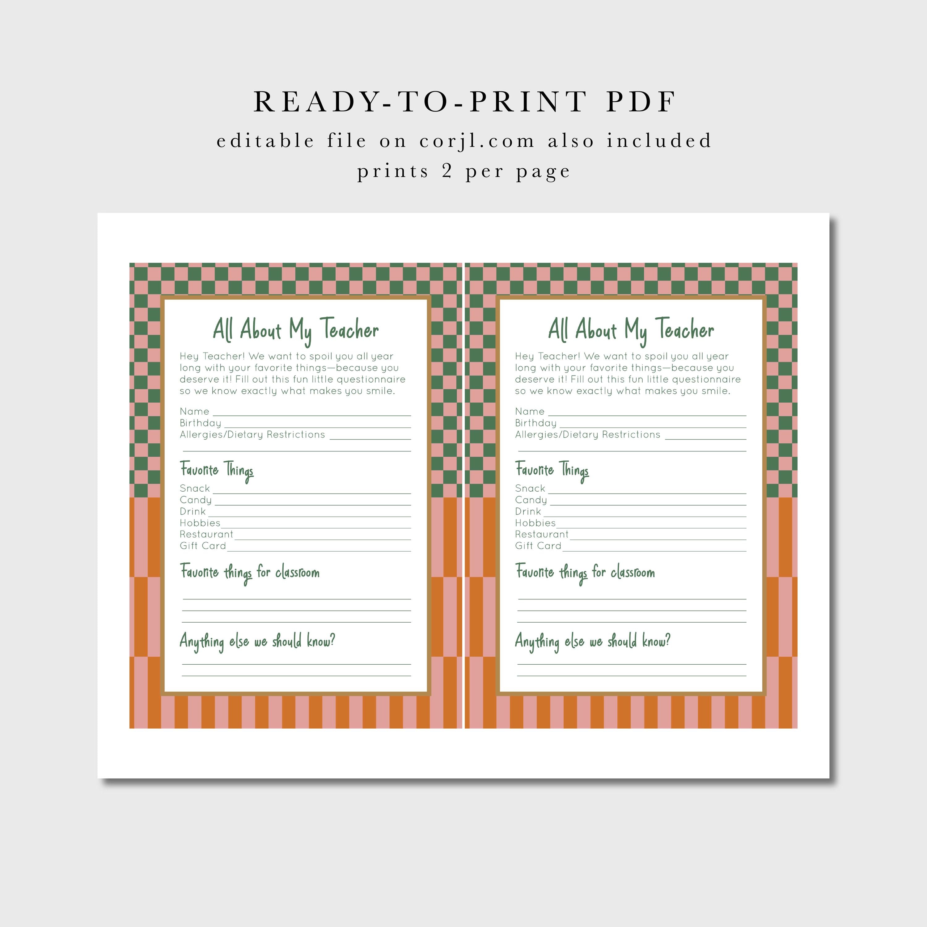 All About My Teacher Questionnaire, Getting to Know You Printable, Back ...