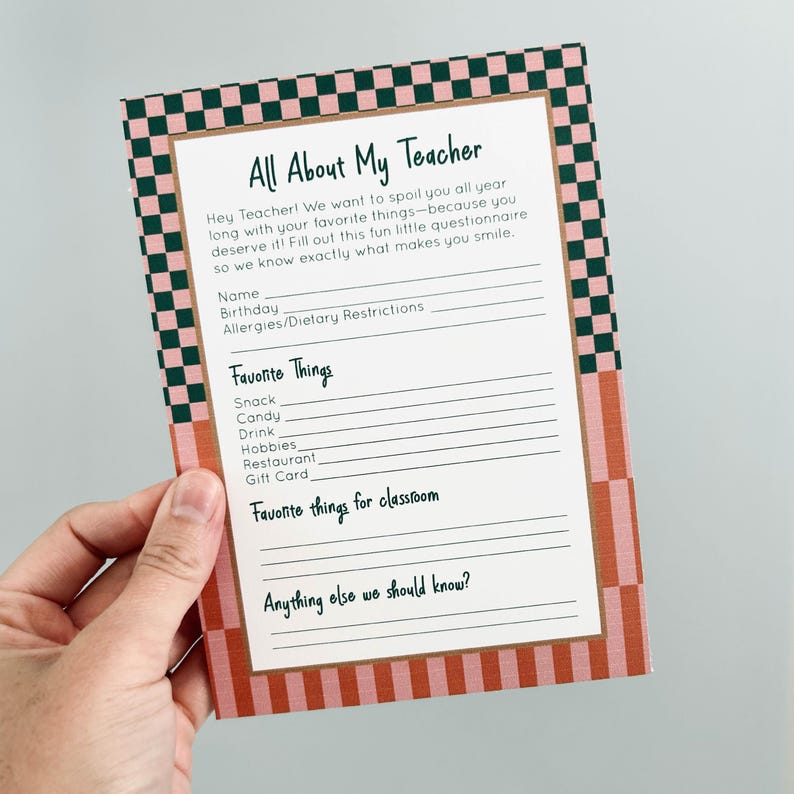 All About My Teacher Questionnaire, Getting to Know You Printable, Back ...