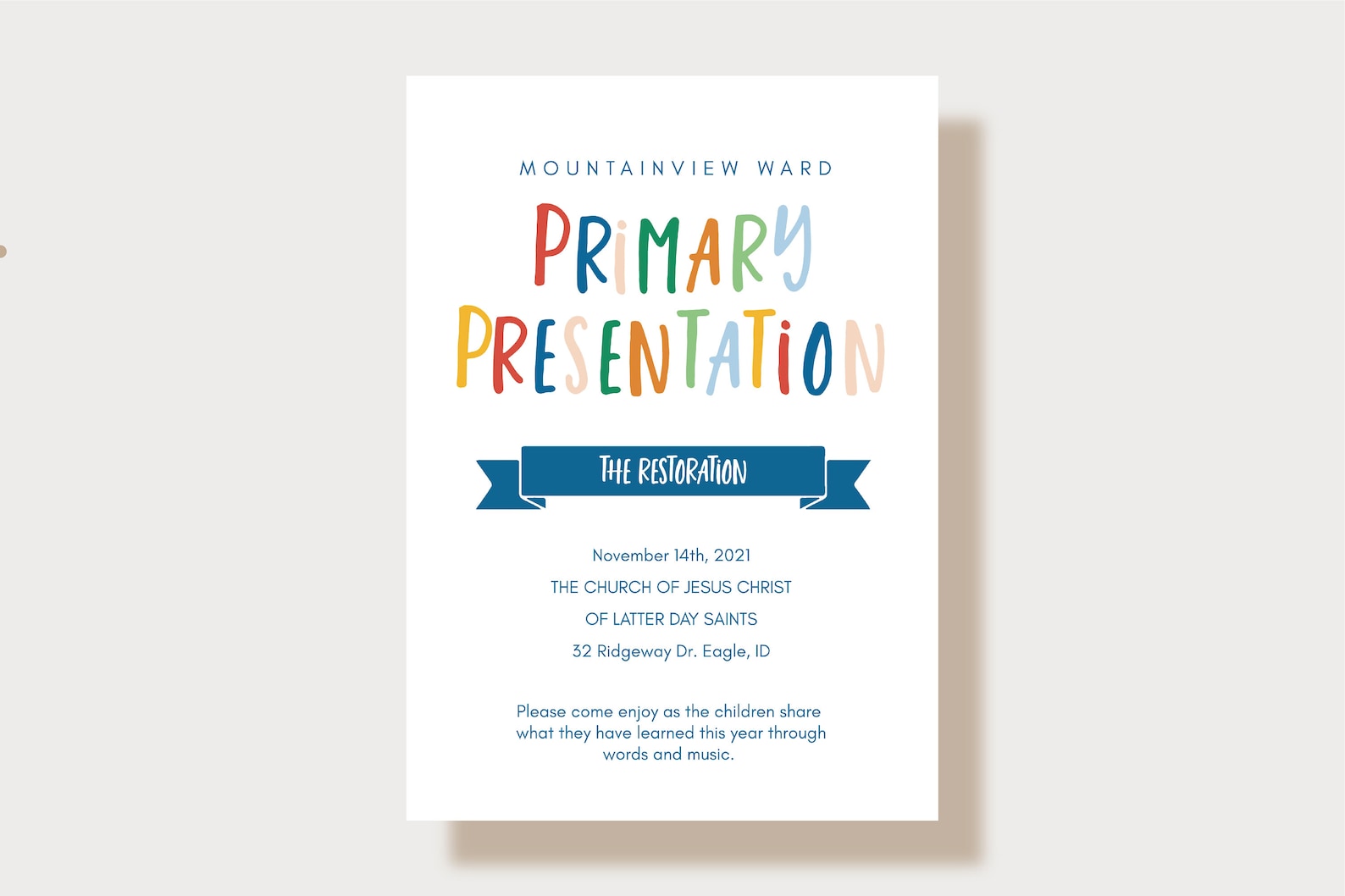 Primary Program Invitation and Save the Date LDS Primary Presentation ...