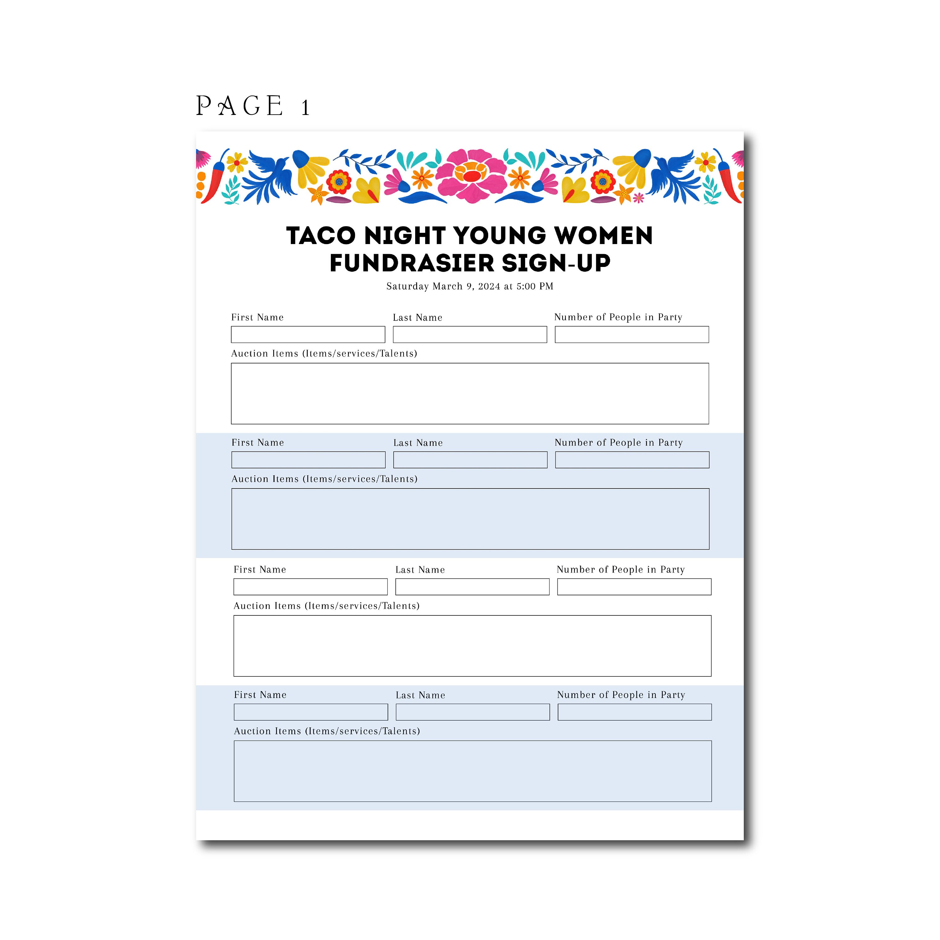Floral Fiesta Sign up Sheet Template | Dinner & Auction Sign up Sheet ...