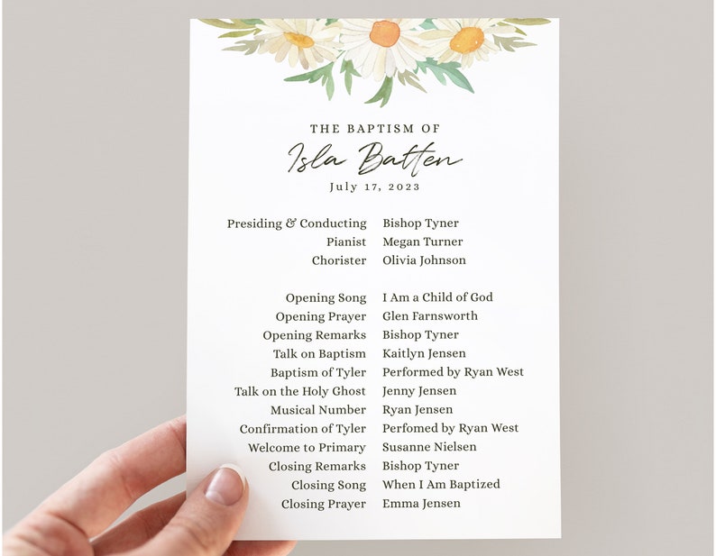 Daisy LDS Baptism Program | Girl Baptism Program Watercolor Daisies ...