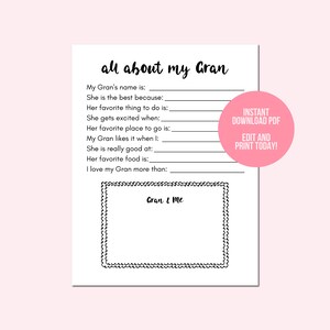All About Gran, Mothers Day Gift, All About My Gran Printable, Mothers ...