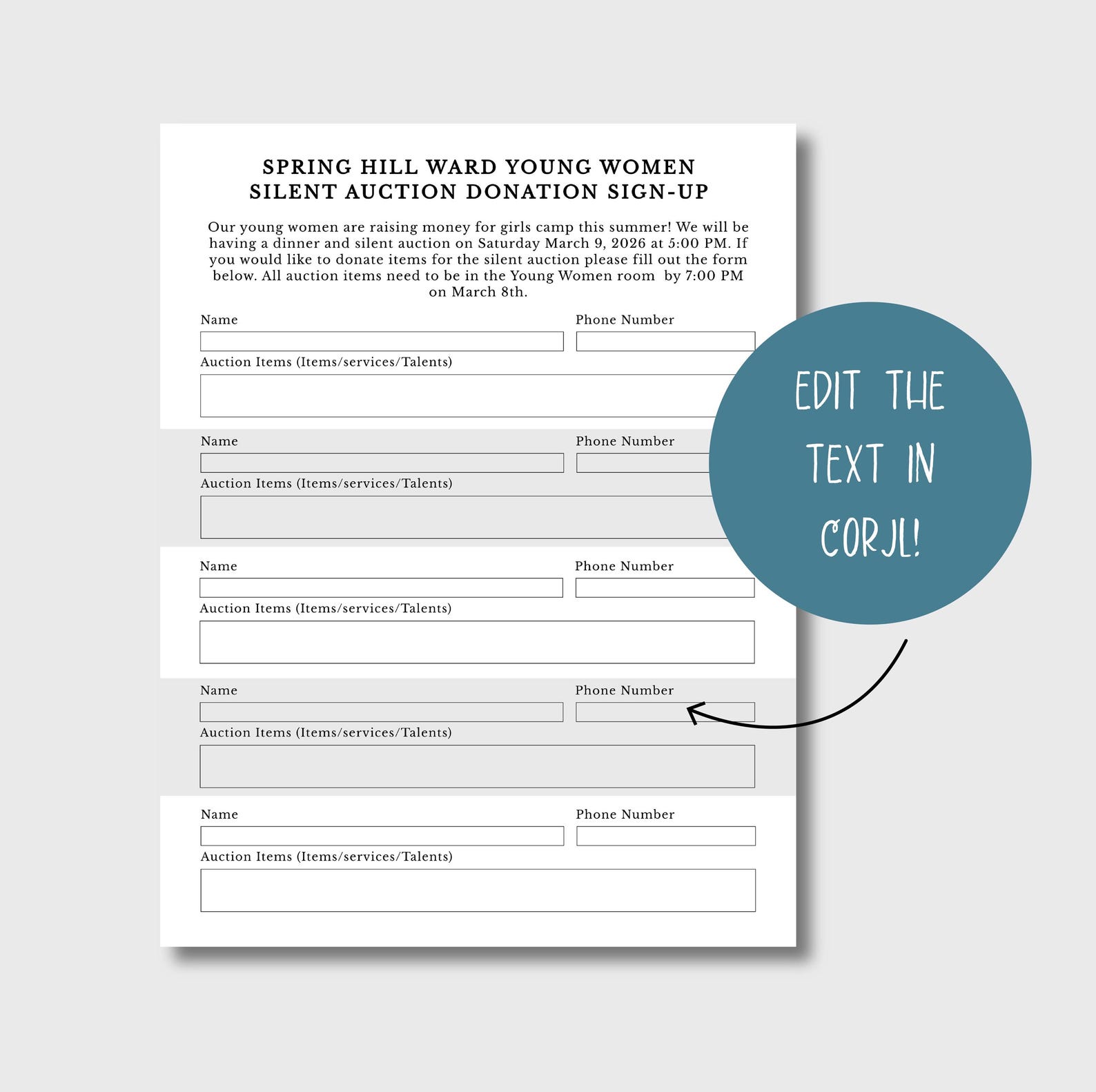 Silent Auction Donation Sign up Form, Donation Sign up Sheet, Editable ...