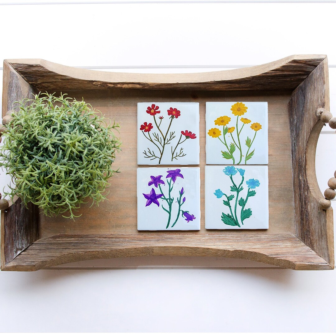 Wildflower Coaster or Backsplash Set, Hand Colored Laser Engraved Set ...