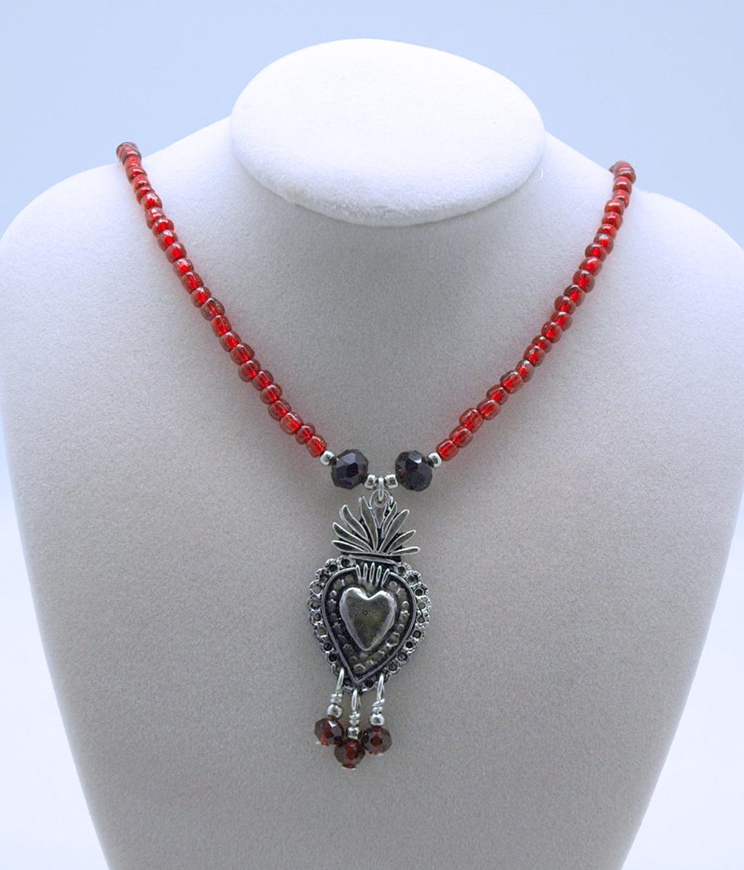 Red Beaded Necklace W/ Silver Heart - Etsy