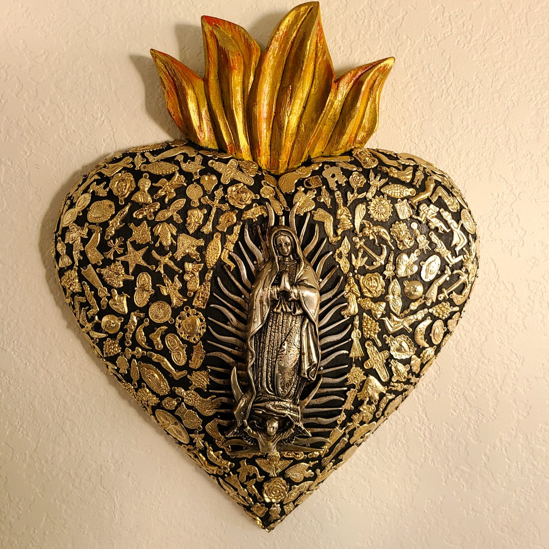 Large Hand-carved Milagro & Guadalupe Heart Folk Art - Etsy