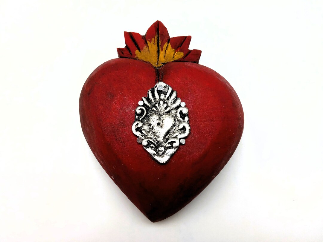 Hand Carved Sacred Heart W/ Heart Medal - Etsy