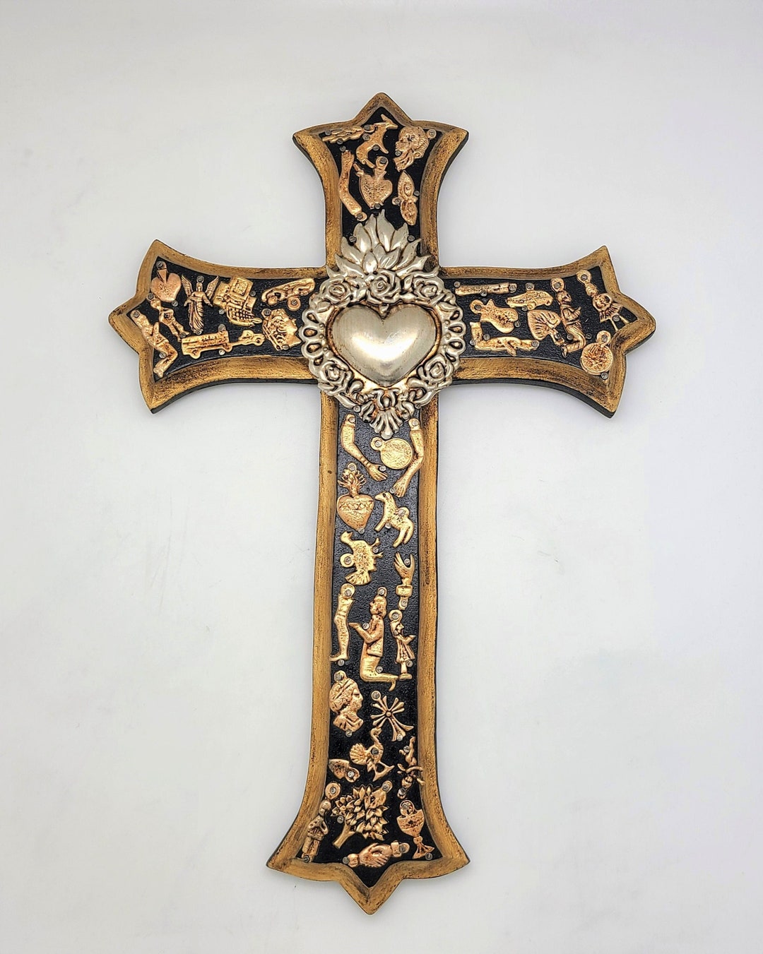 Hand Carved Cross With Milagros & Heart - Etsy