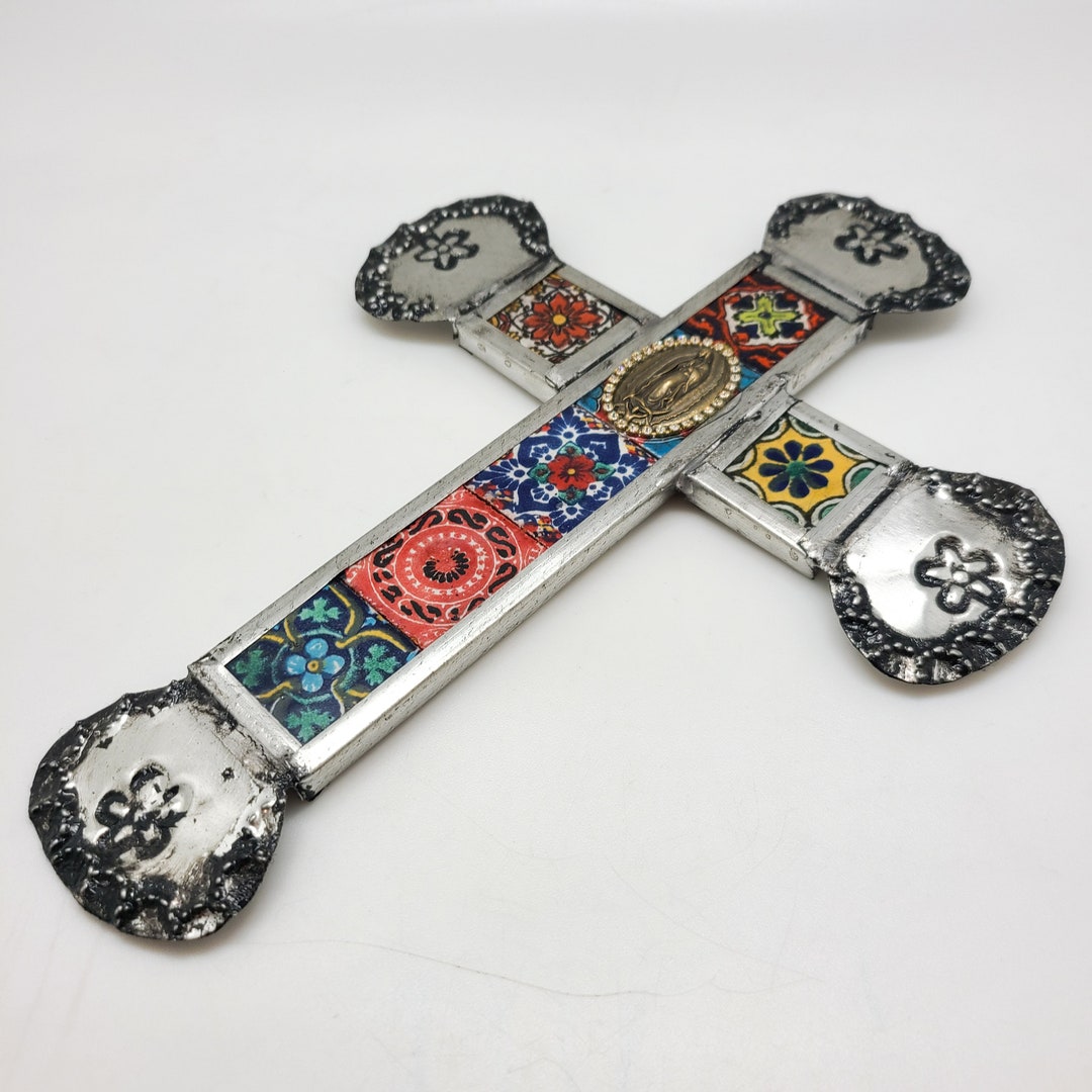 Tin & Tile Cross W/ Guadalupe Medal - Etsy