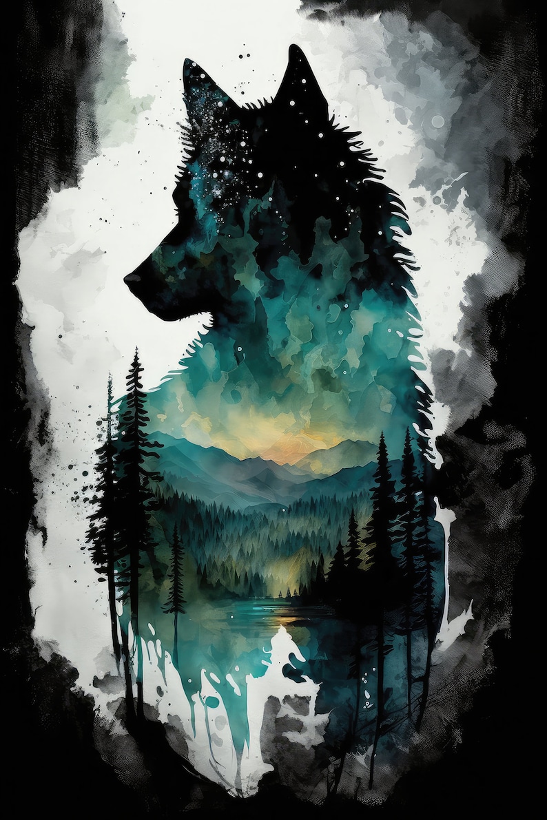 Wolf and Nature Watercolor Art Print, Wolf and Nature Painting Wall Ar ...