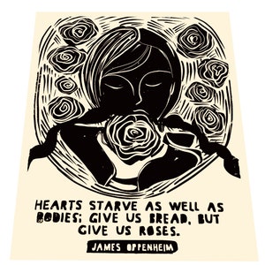 Bread and Roses, Lino Style Print, Roses, Girl With Braids - Etsy