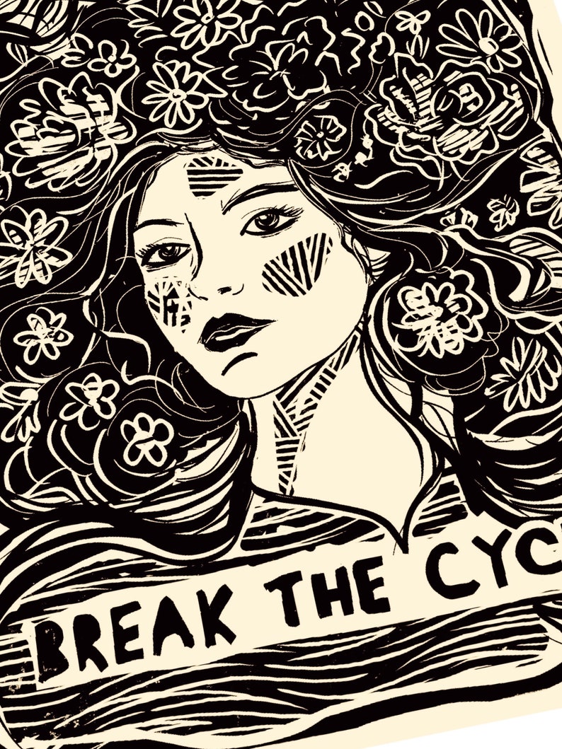 Break the Cycle, Simple, Floral Linocut Print. Art Print, Lino Style ...
