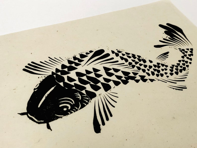 Japanese Koi Fish Print Lino Style Print Handmade Simple - Etsy