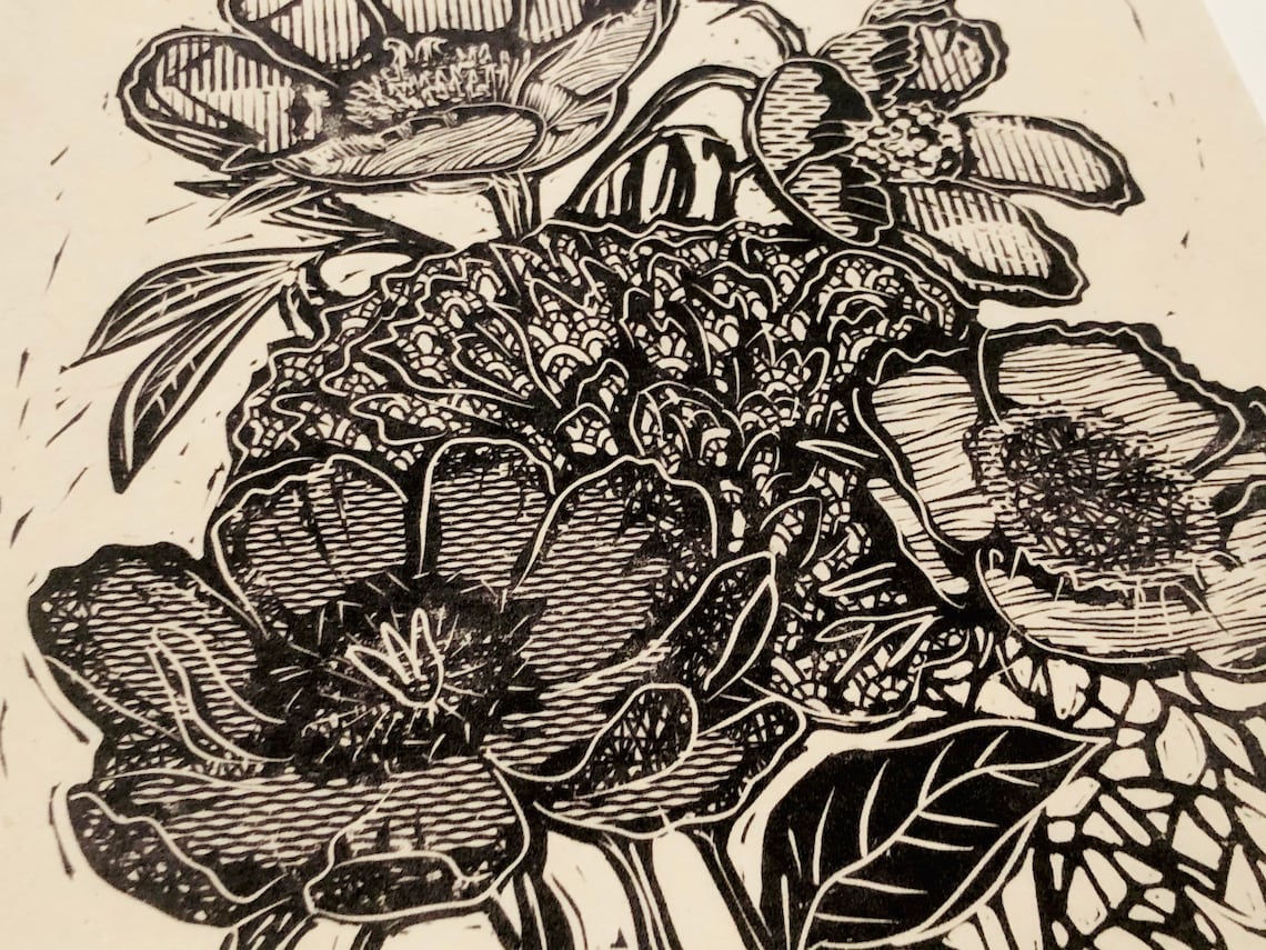Wildflowers Floral Bouquet Lino Print Handmade Linoleum - Etsy