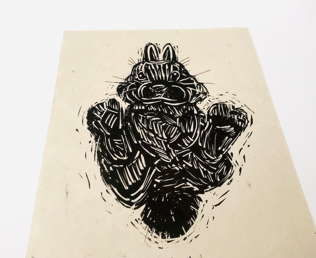 Cute Bunny, Rabbit Lino Style Print, Handmade Paper, Simple, Animal ...