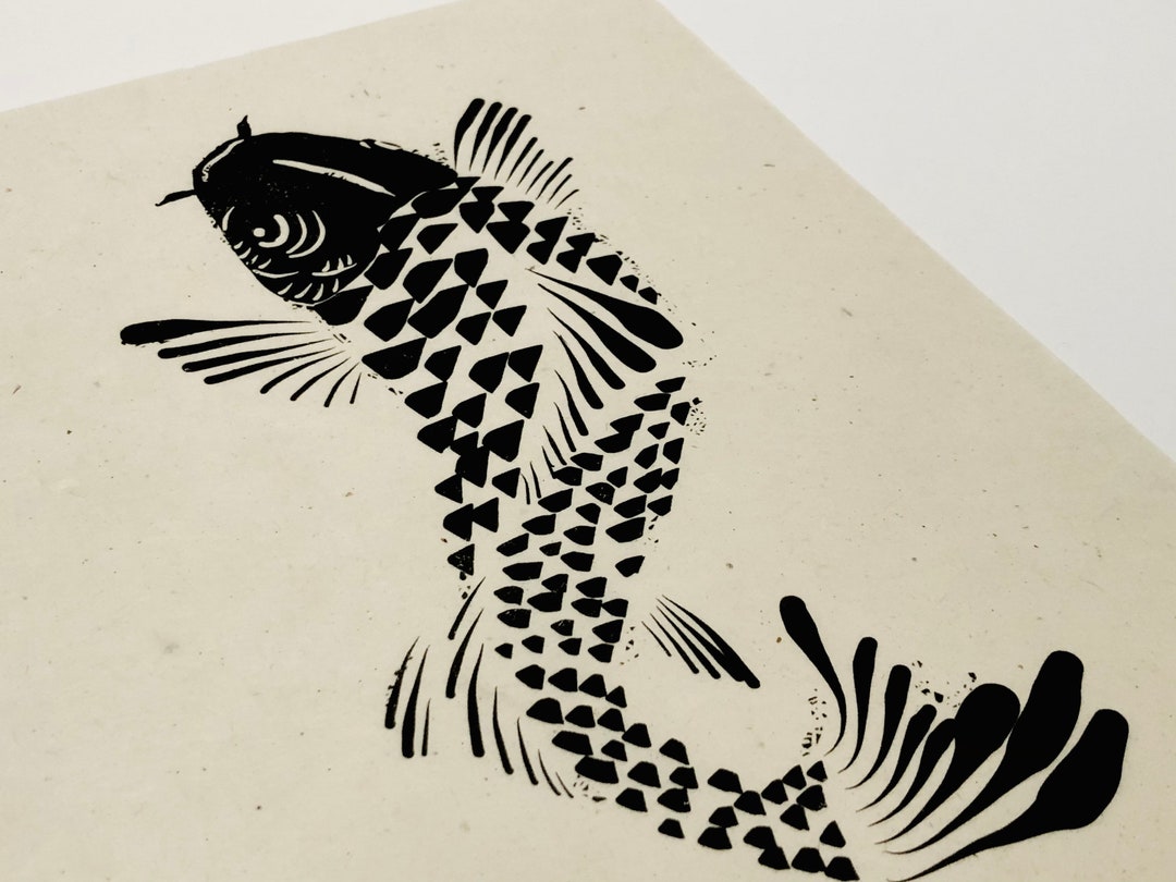 Japanese Koi Fish Print, Lino Style Print, Handmade, Simple, Relief ...