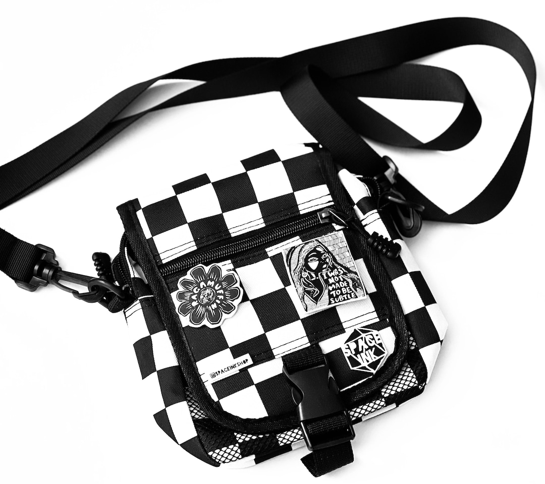 Checkered Crossbody Pin Purse. Adult Unisex. Black and White, Pin ...