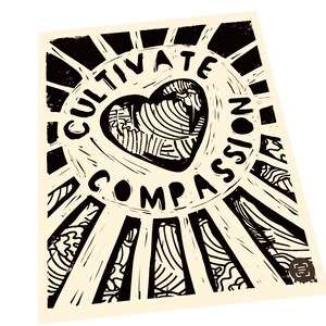 Cultivate Compassion, Empathy , Be Kind, Lino Style Illustration Block ...