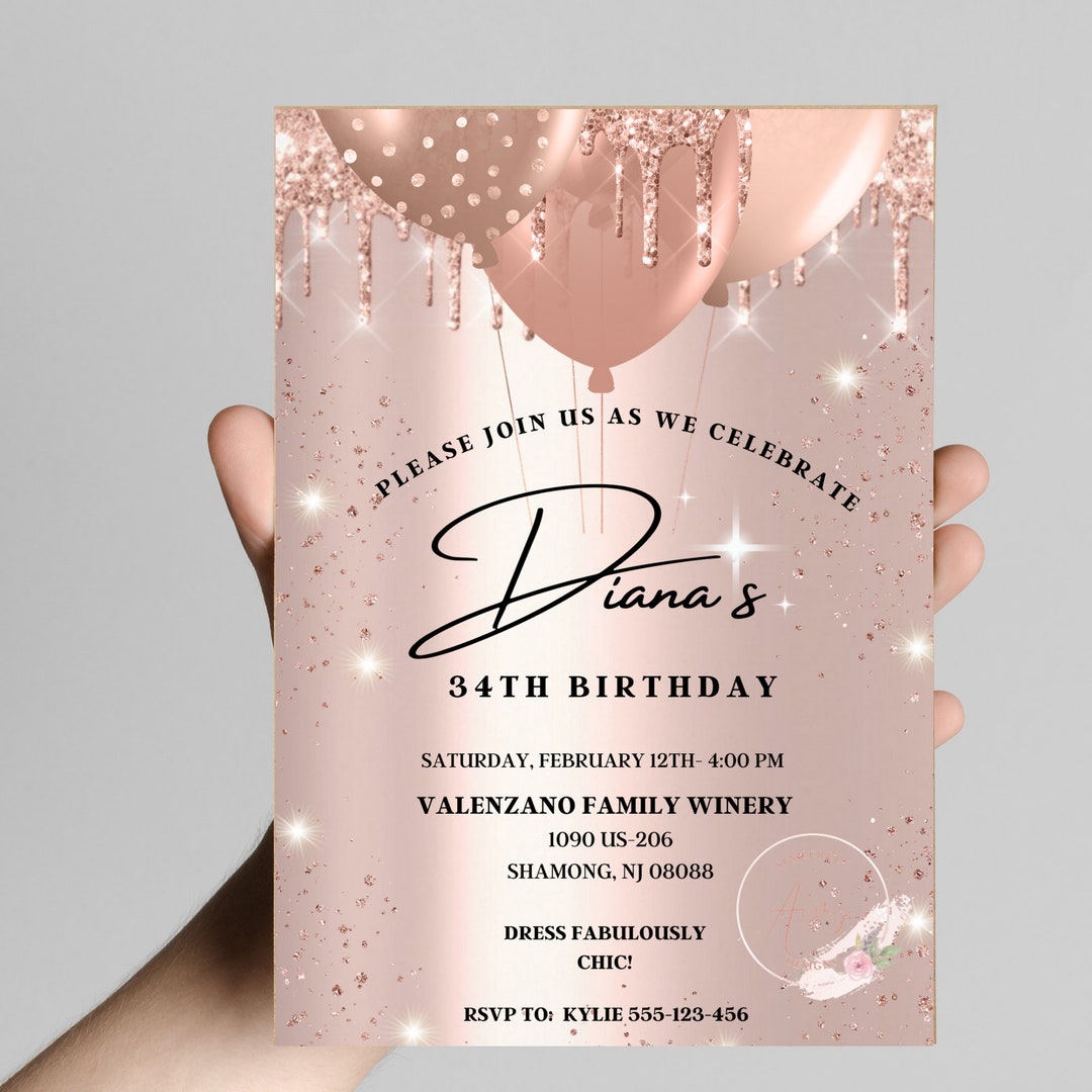 Rose Gold Glitter Invitation, Editable and Personalized Digital ...