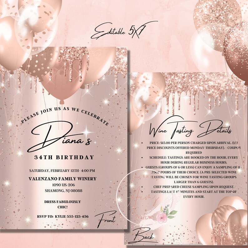 Rose Gold Glitter Invitation, Editable and Personalized Digital ...