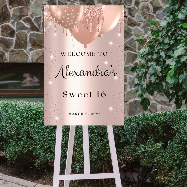 Rose Gold Glitter Welcome Sign, Editable and Personalized Digital ...