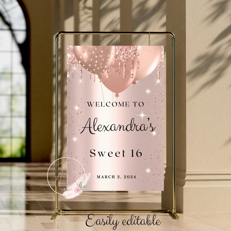 Rose Gold Glitter Welcome Sign, Editable and Personalized Digital ...