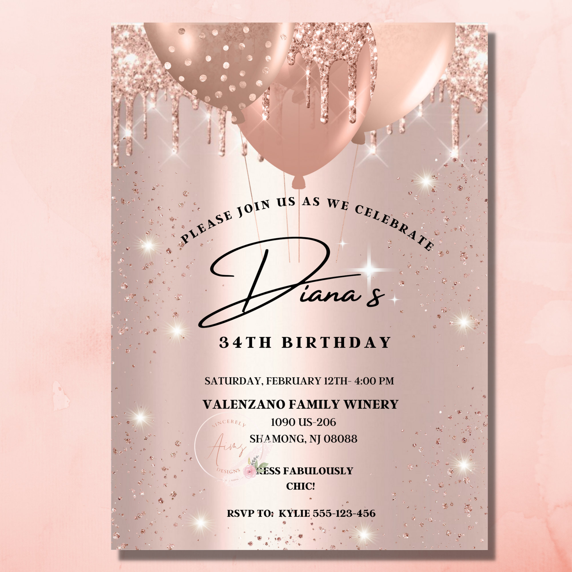 Rose Gold Glitter Invitation, Editable and Personalized Digital ...