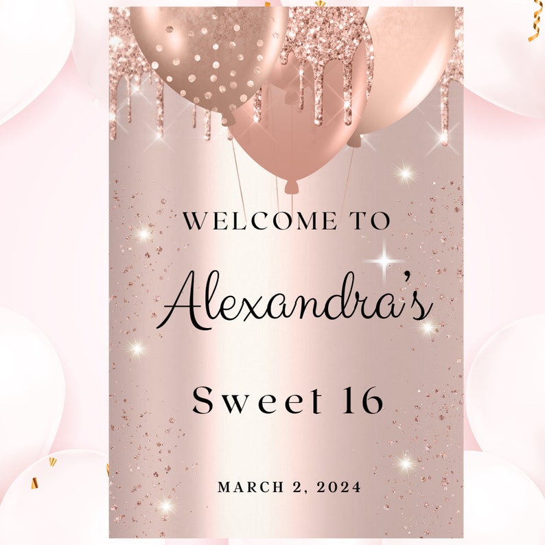 Rose Gold Glitter Welcome Sign, Editable and Personalized Digital ...