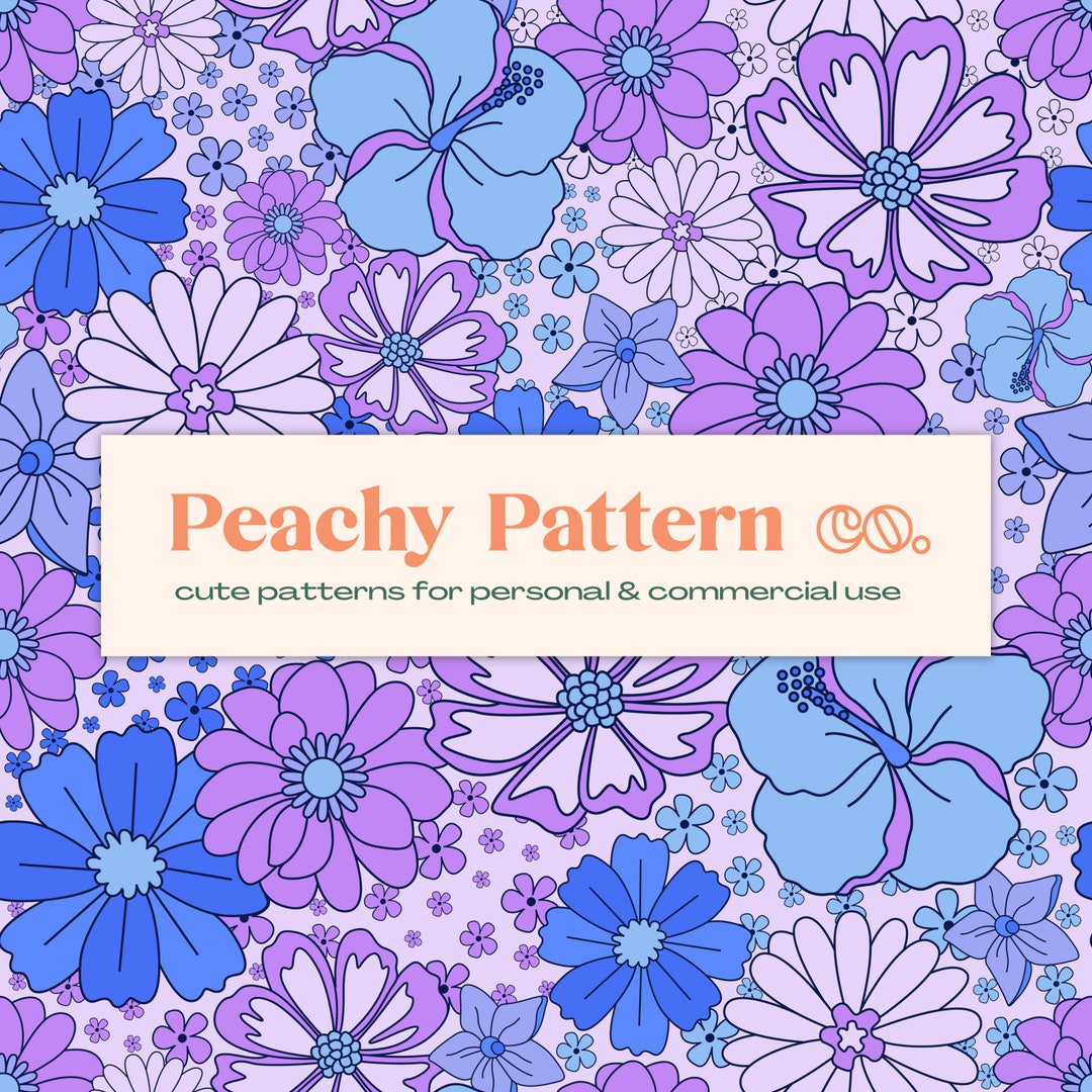 Blue Purple Retro Flower Floral Seamless Repeat Digital Pattern ...