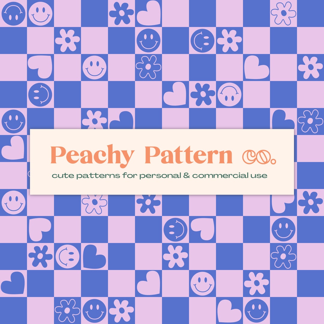 Smiley Flower Checkerboard Seamless Repeat Digital Pattern | Blue and ...
