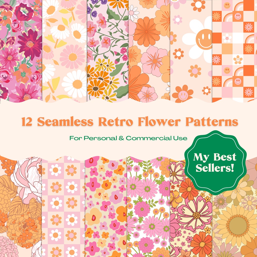12 Retro Flower Floral Seamless Pattern Bundle | Best Sellers ...