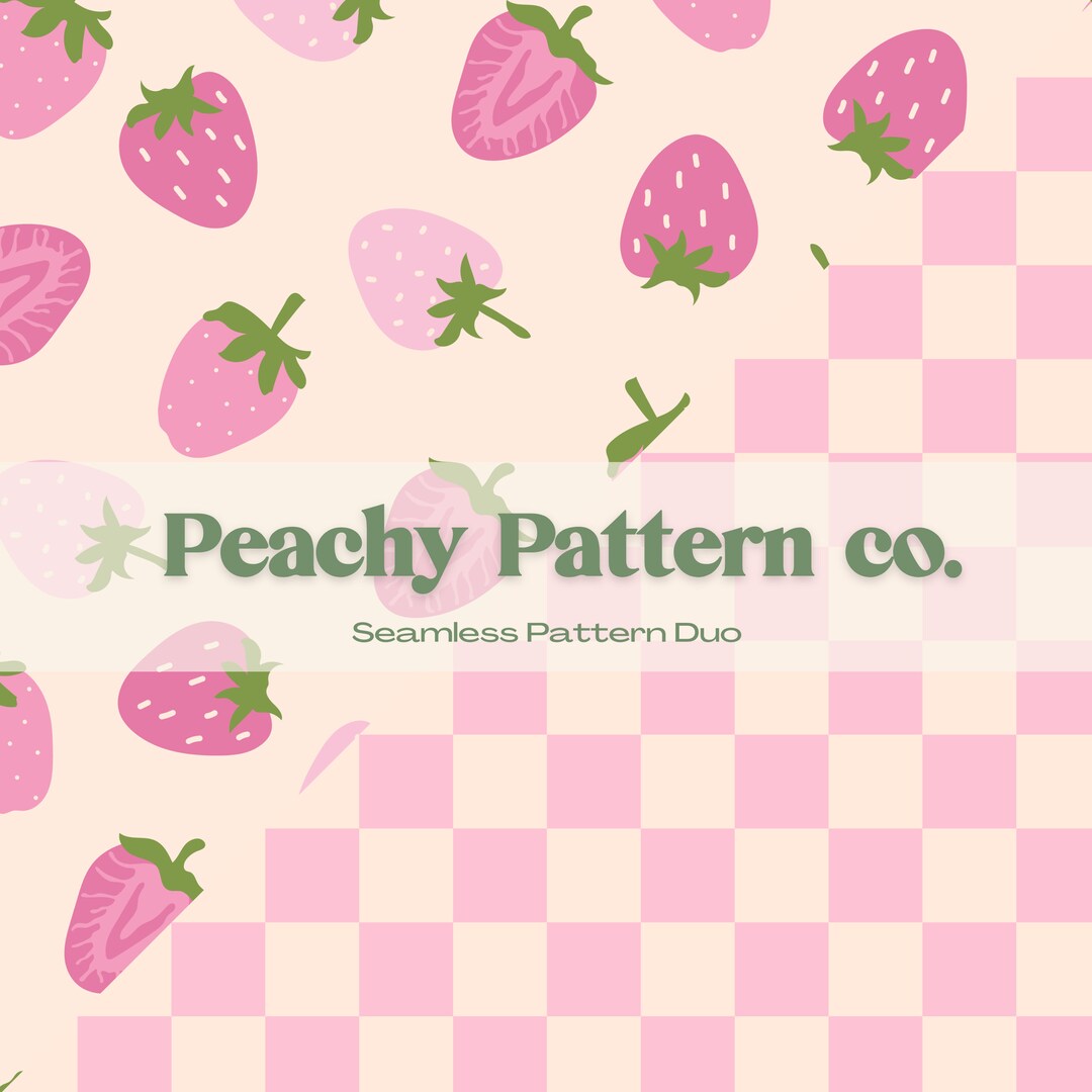 Set of 2 Pink Strawberry and Checkerboard Seamless Repeat Patterns ...