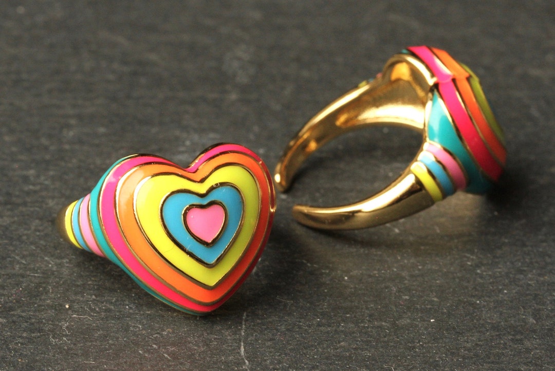 Heart Ring Enamel Rainbow / Double Heart Adjustable Ring / Gift for Her ...
