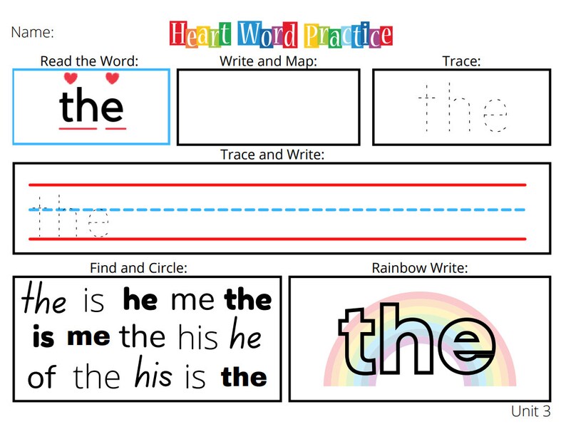 Heart Word Mapping Flash Cards and Practice Pages, Sight Word Practice ...