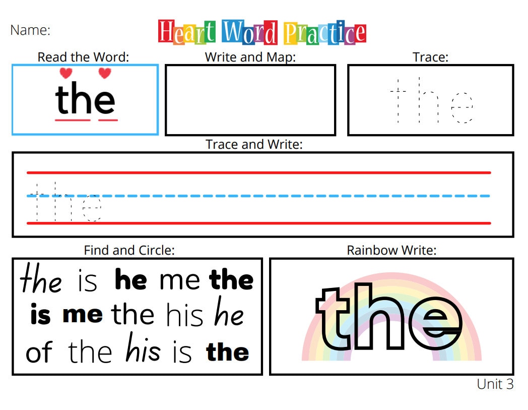 Heart Word Mapping Flash Cards and Practice Pages, Sight Word Practice ...