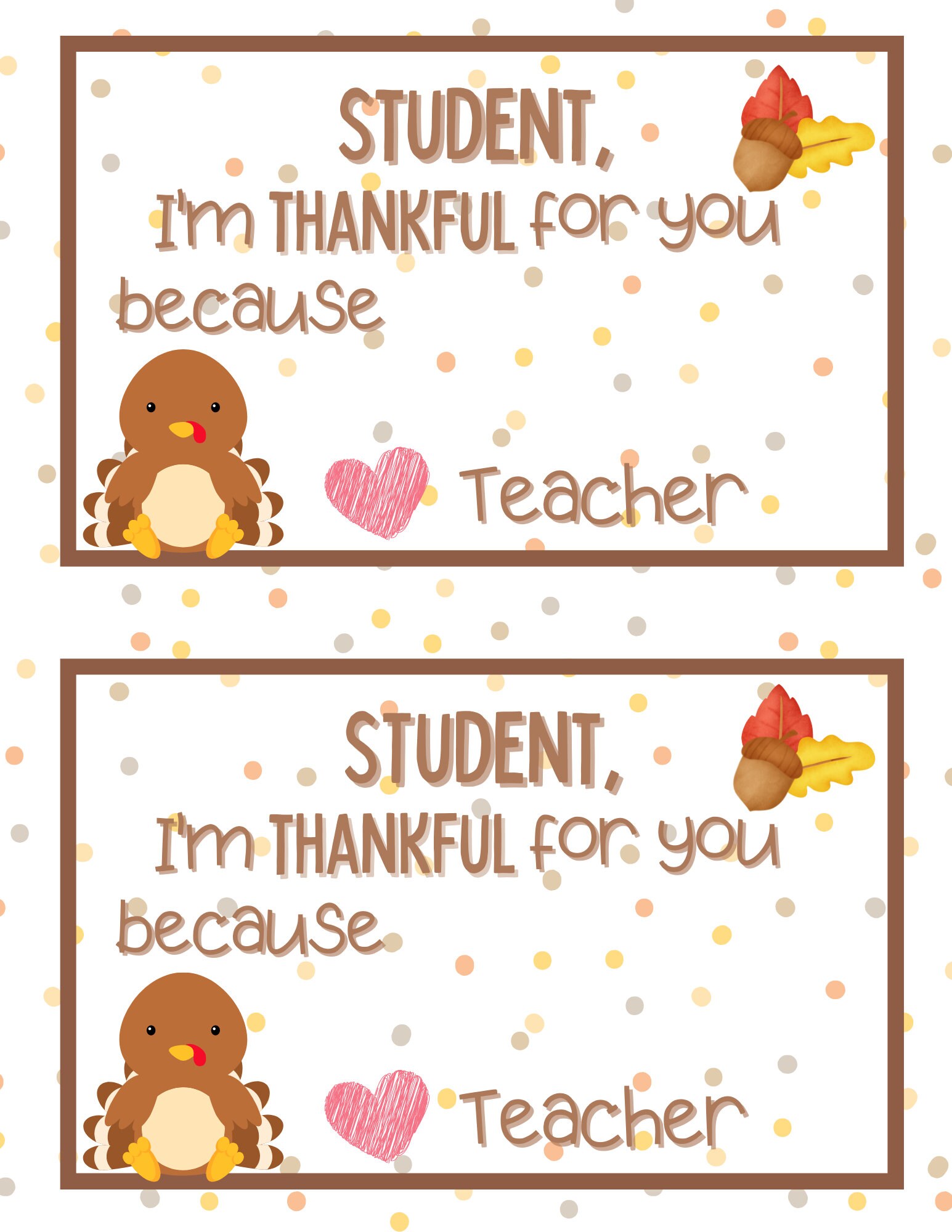 Thanksgiving Thankful Notes for Students From Teacher, Student Gift ...