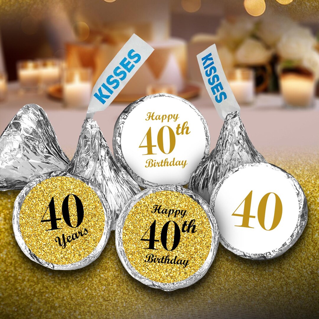 40th Birthday Favor Stickers – Glossy Gold and White Party Decorations ...