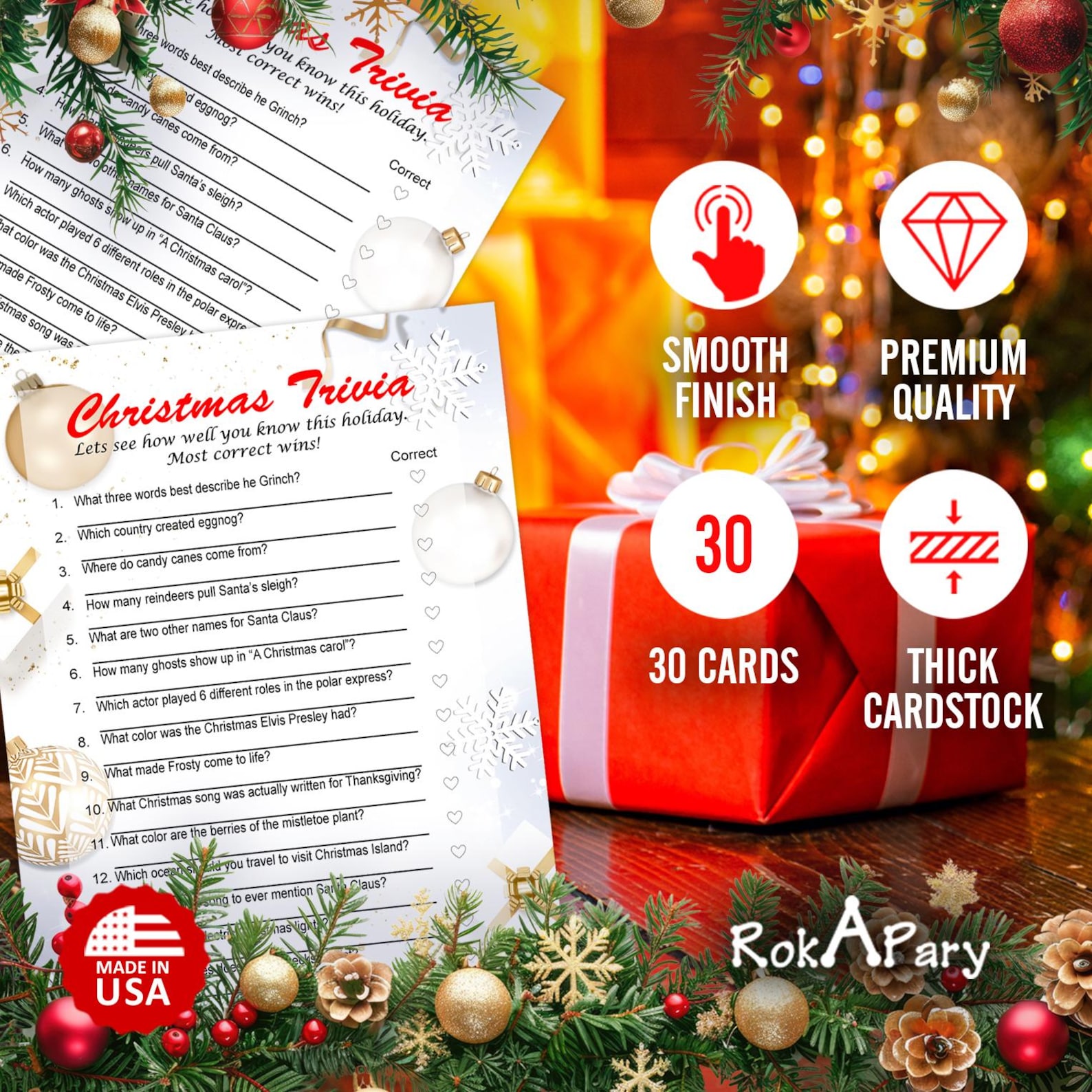 Christmas Trivia Party Game Set of 30 Holiday Cards, 5x7 Inch Thick ...
