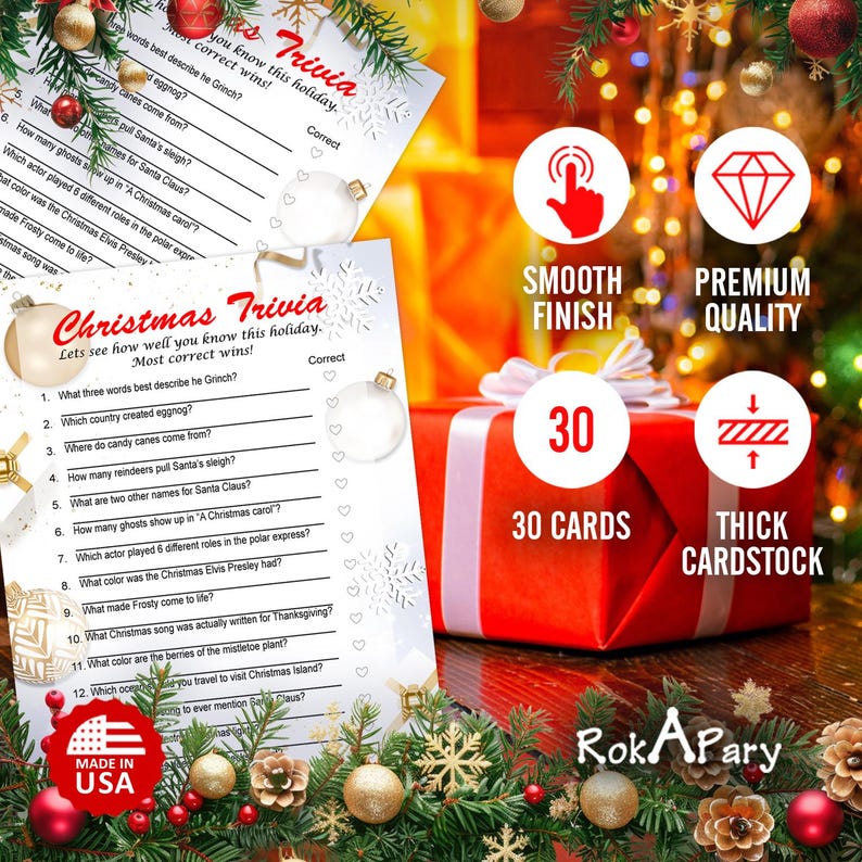 Christmas Trivia Party Game Set of 30 Holiday Cards, 5x7 Inch Thick ...