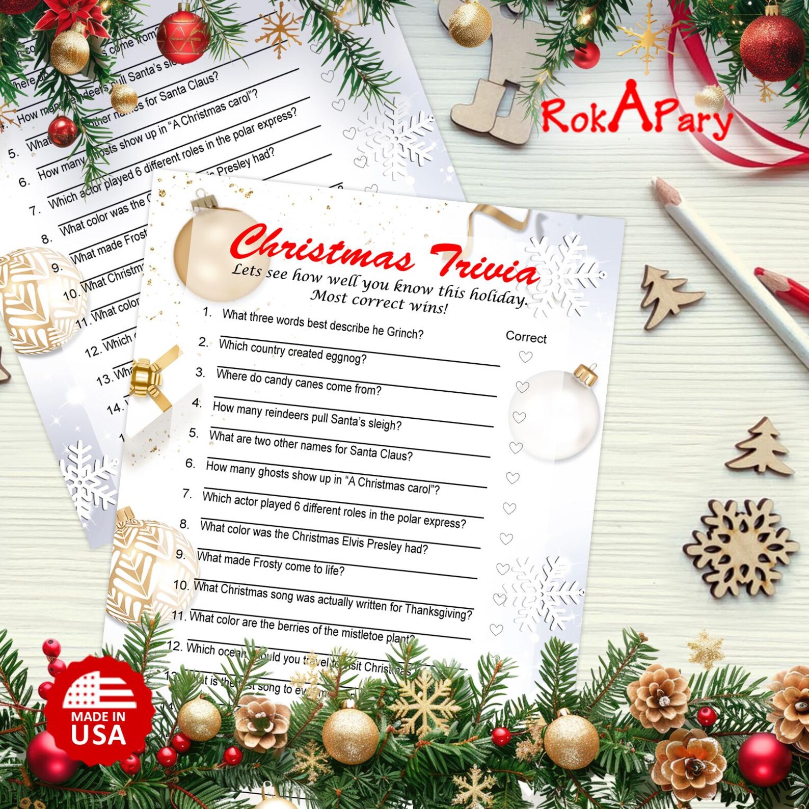 Christmas Trivia Party Game Set of 30 Holiday Cards, 5x7 Inch Thick ...