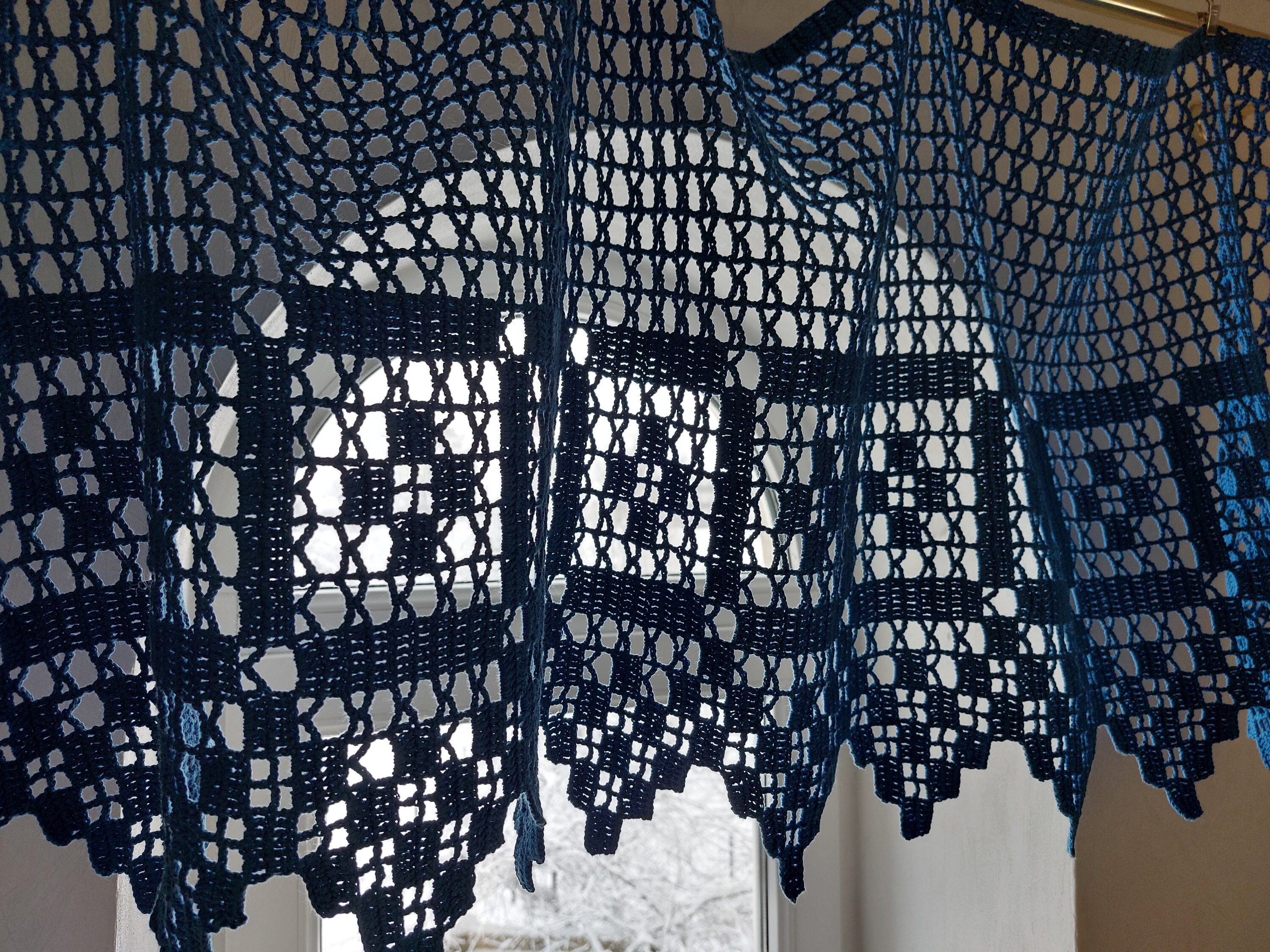 Vintage Handmade Crochet Valance Curtains, Blue Crochet Cafe Curtain ...