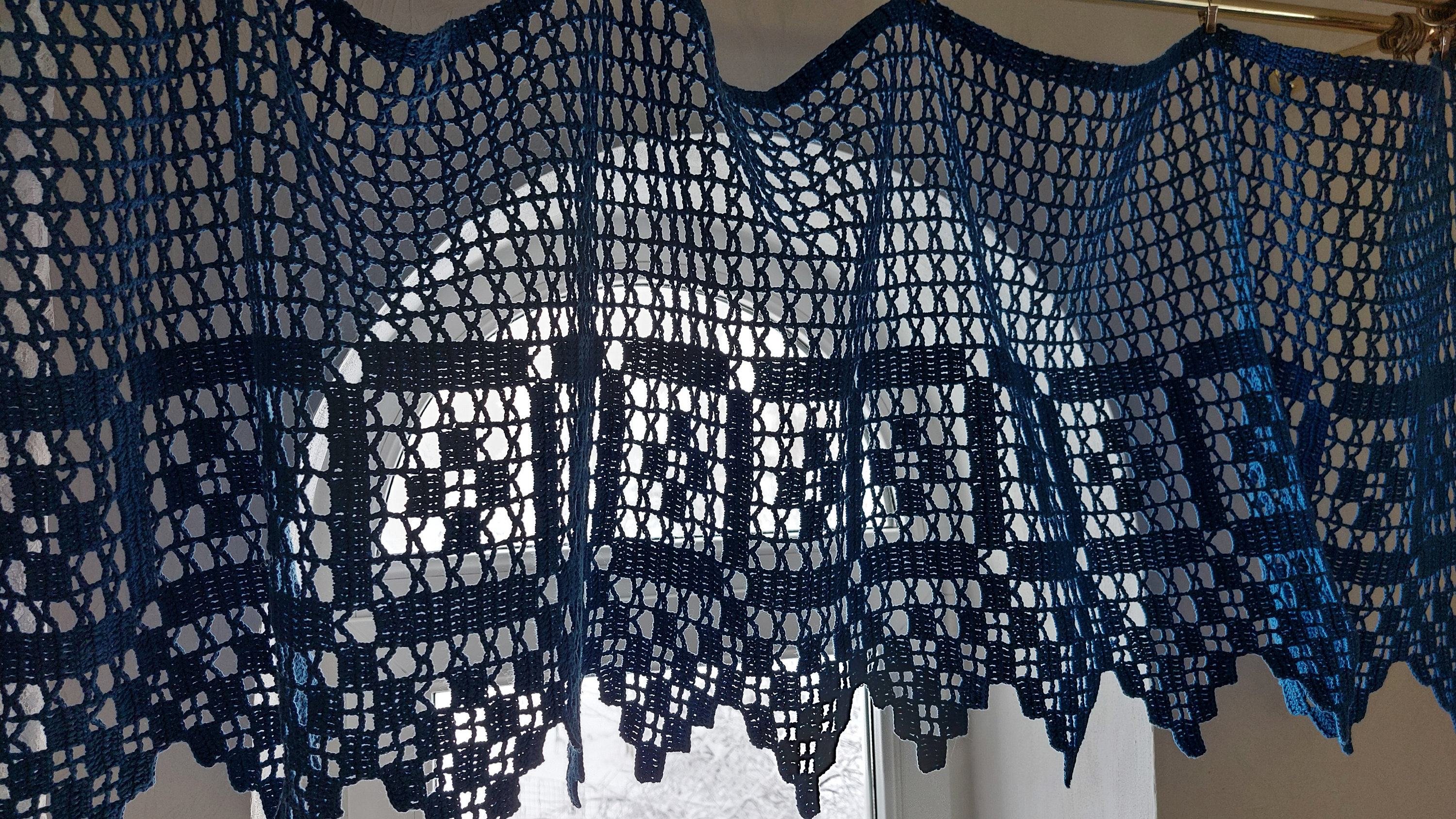 Vintage Handmade Crochet Valance Curtains, Blue Crochet Cafe Curtain ...