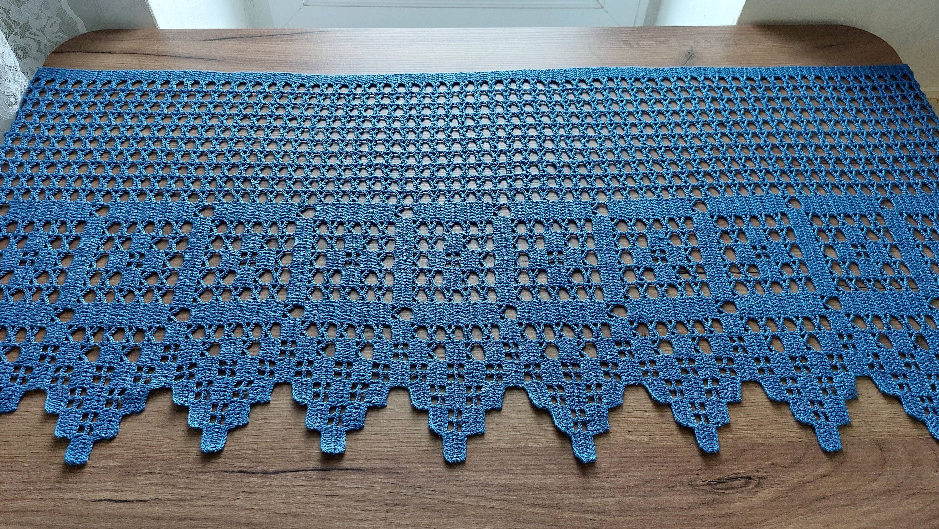 Vintage Handmade Crochet Valance Curtains, Blue Crochet Cafe Curtain ...