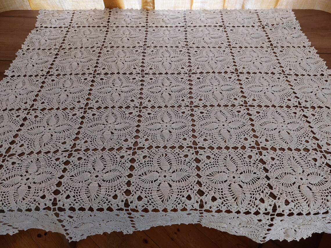 Vintage Scandinavian Handmade Crochet Square Linen Tablecloth - Etsy