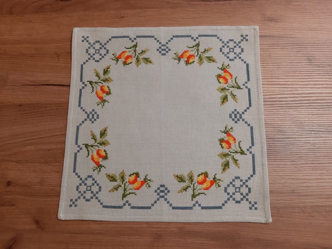 Vintage Cross Stitch Embroidery Light Blue Cotton Fabric Table Mat ...