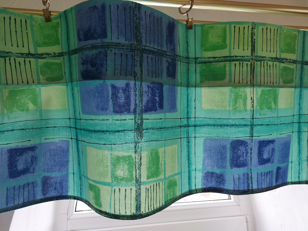 Vintage Cotton Printed Blue Green Valance Curtain, Kitchen Cafe Curtain ...