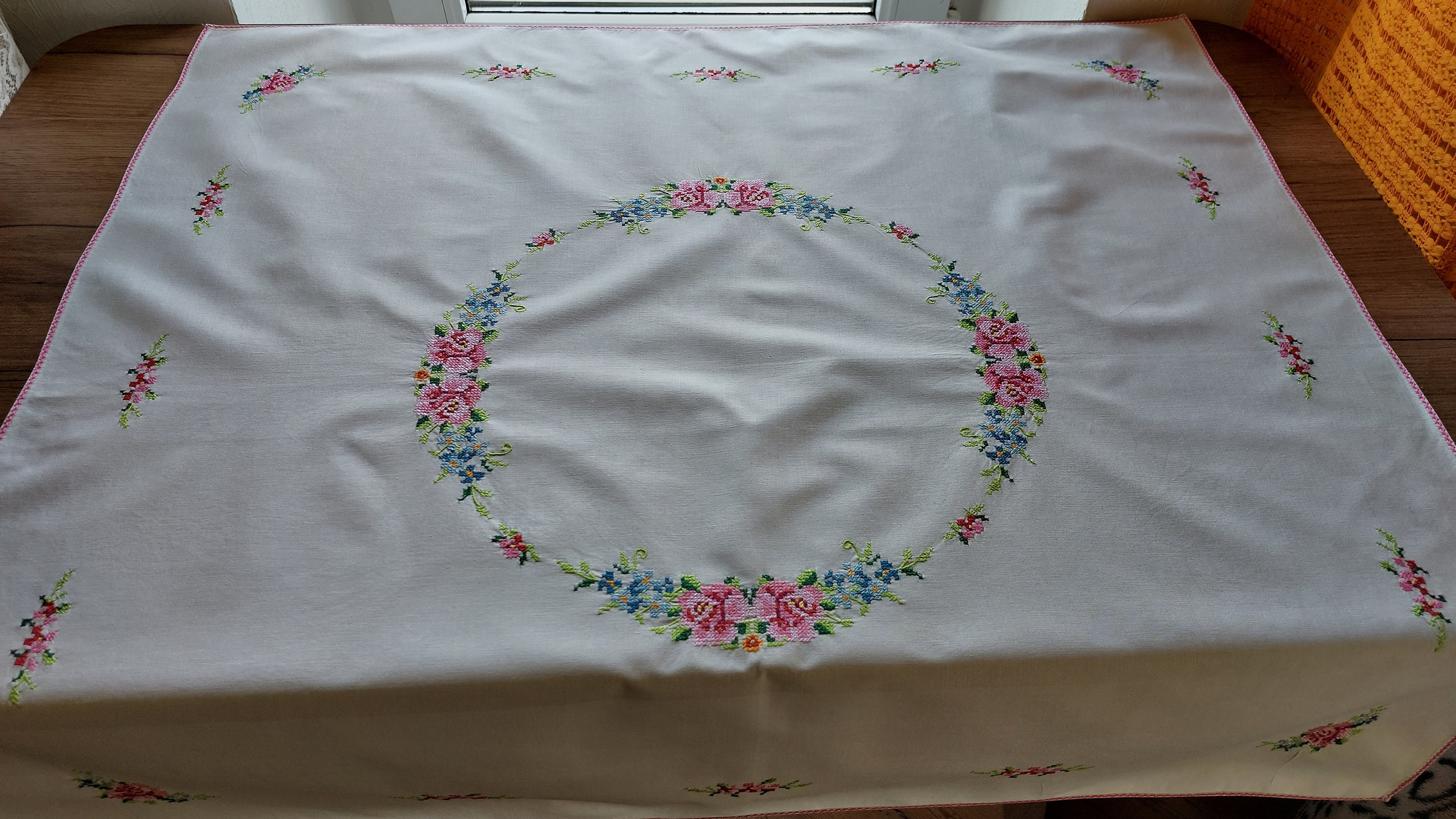 Hand Embroidered Floral Vintage Square Tablecloth , Cross Stitch ...
