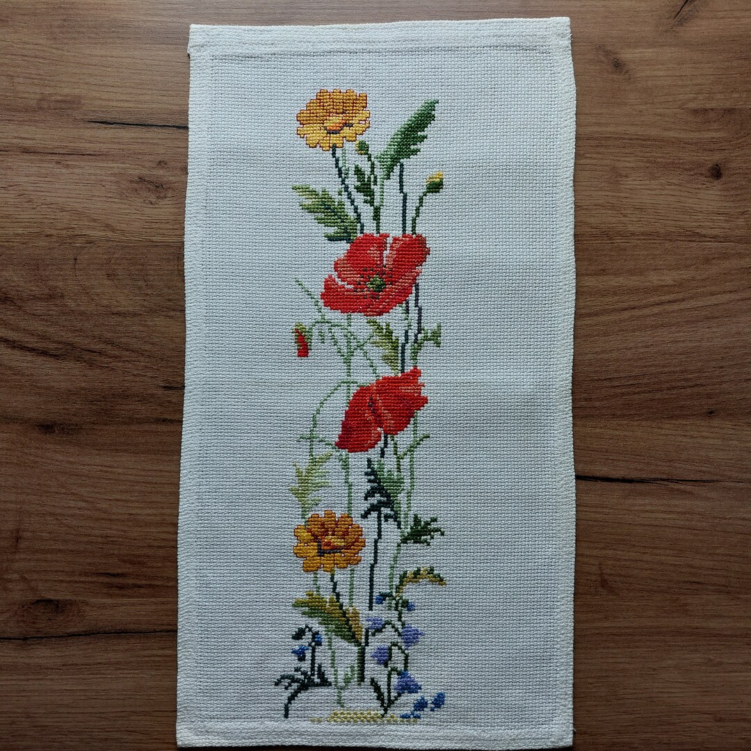 Vintage Floral Hand Embroidered Tapestry Fabric , Floral Cross Stitch ...