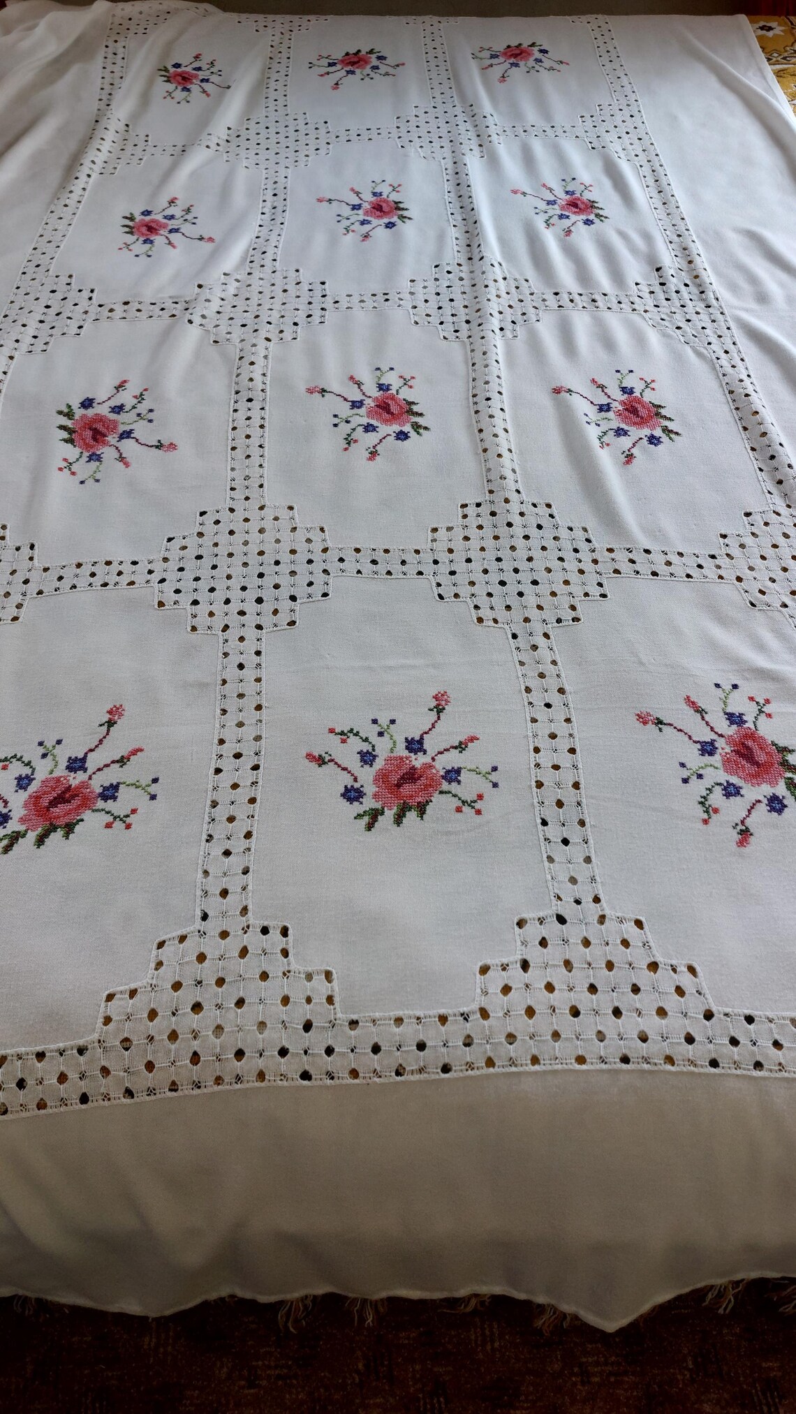 Large Rectangle Vintage Handmade Tablecloth , Scandinavian Large Floral ...